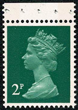 2p green OCP/PVA 2B (9.5mm). Low value (2mm) Ex booklet s/t pane 4 DP1,DP11